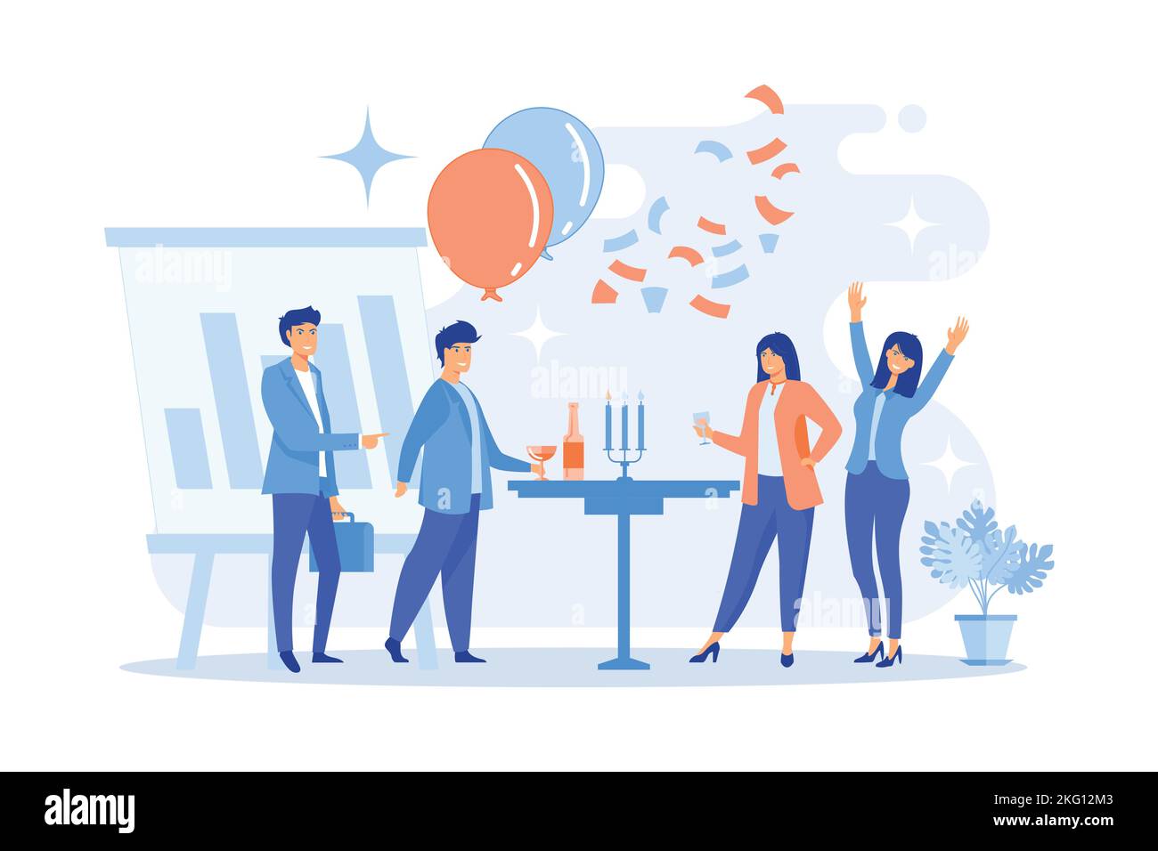 Happy tiny business people dancing, having fun and drinking wine ...