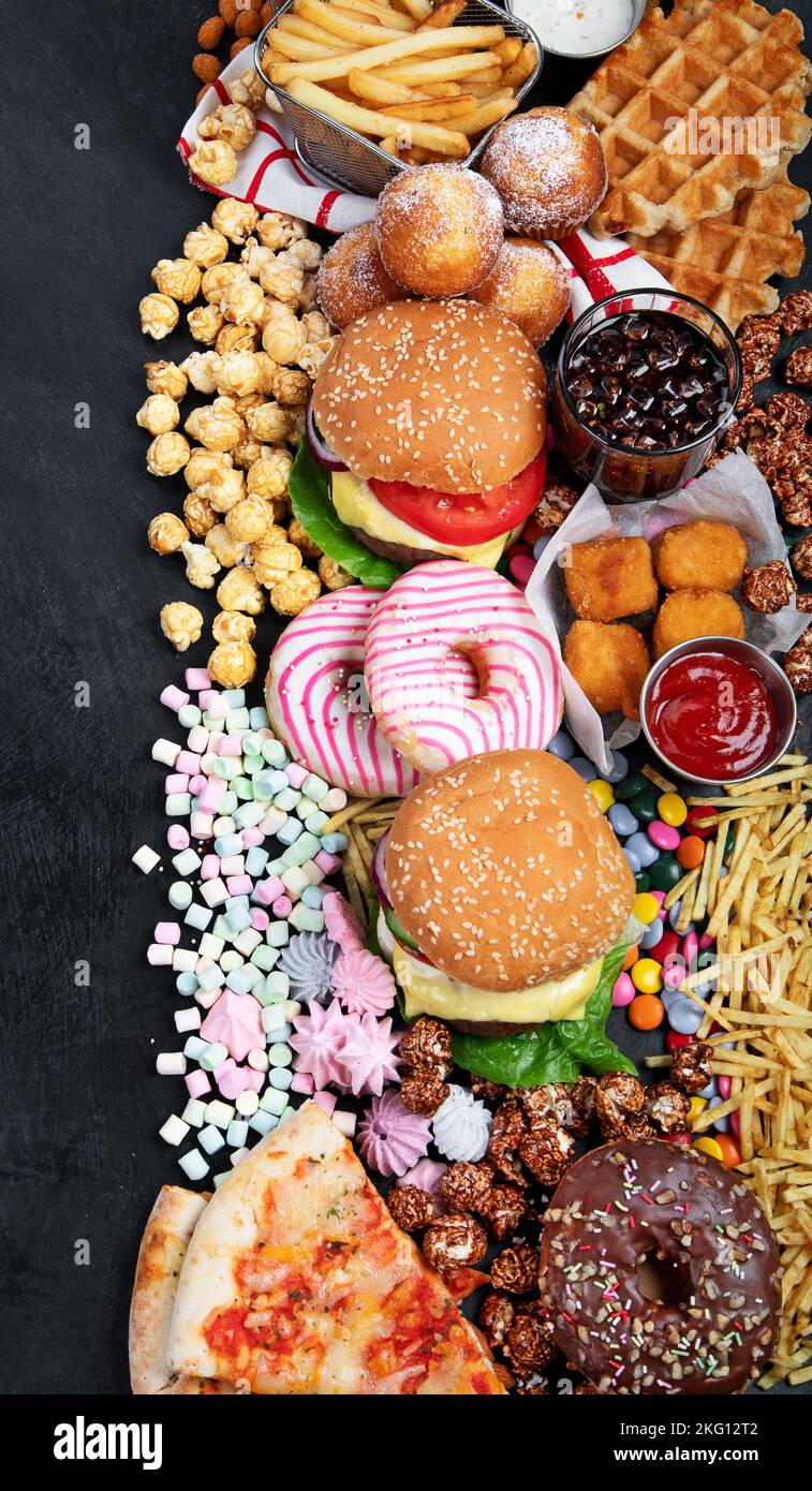 Unhealthy products. food bad for figure, skin, heart and teeth ...