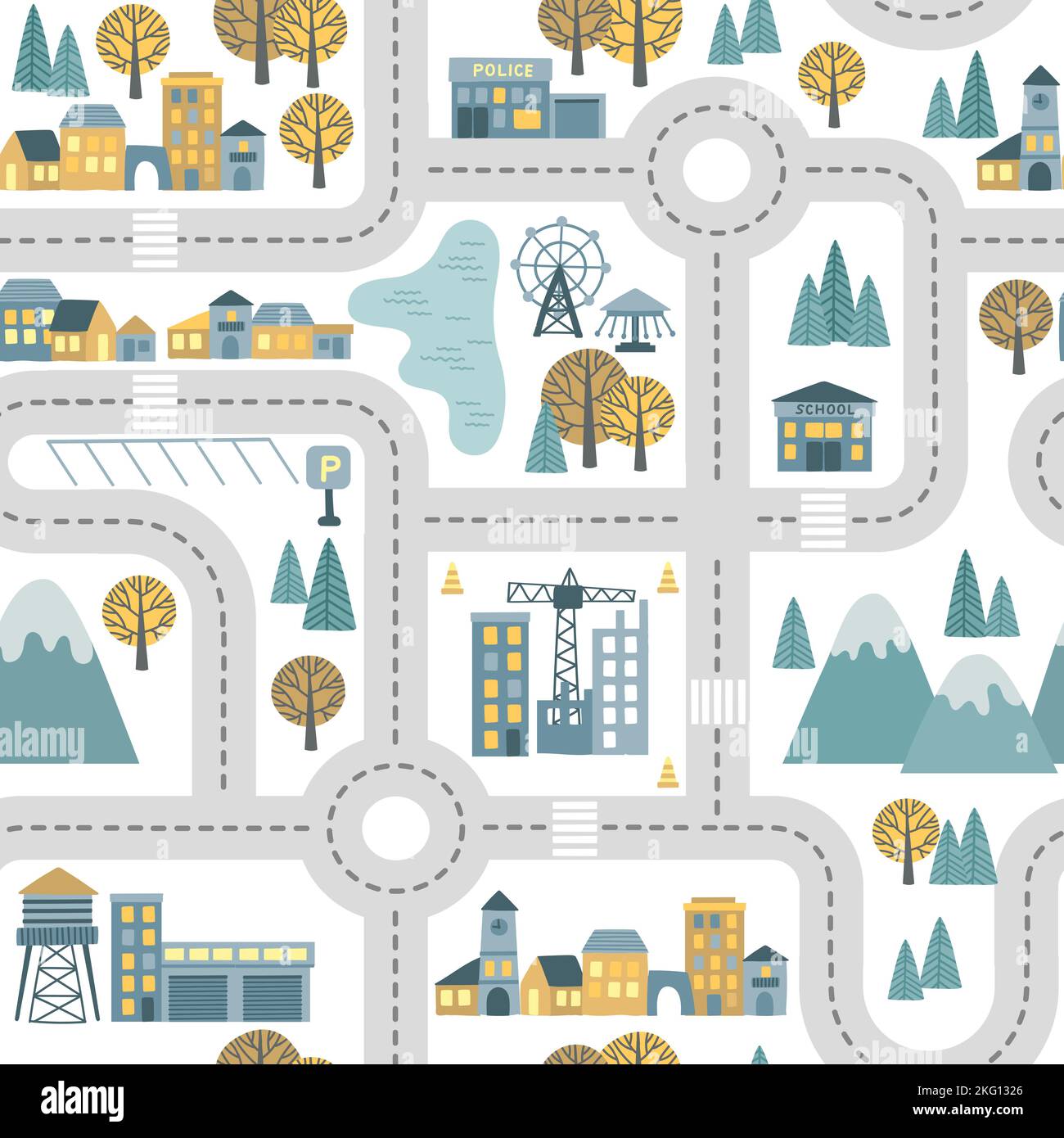 Childrens map road seamless pattern. Vector cartoon illustration of ...