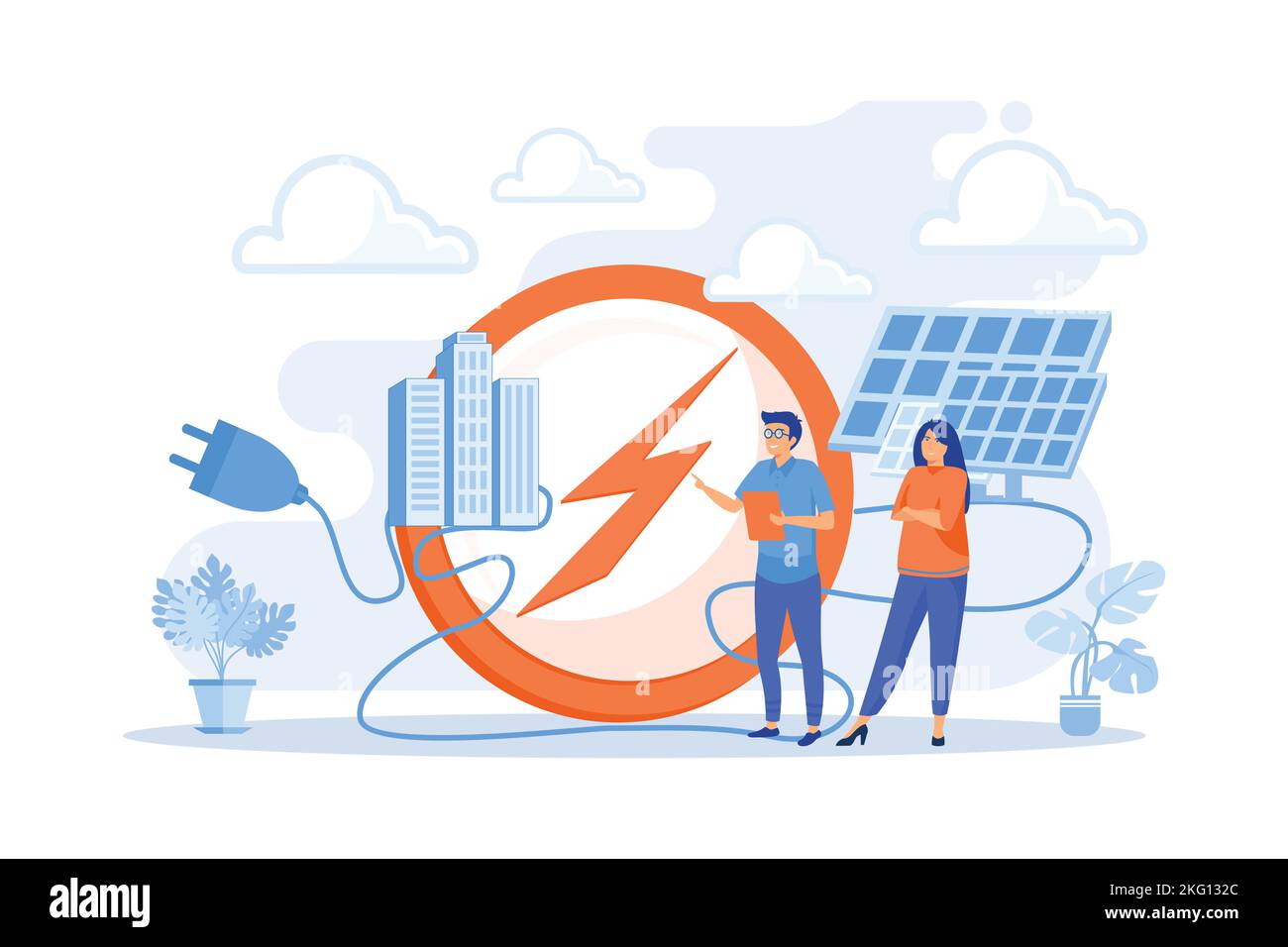 Businessmen use solar energy panels to produce electricity for the city ...