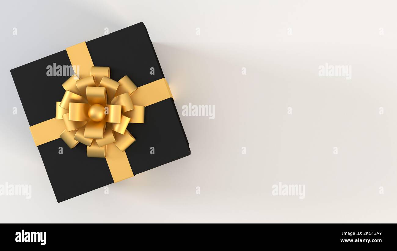 Top view of black gift box with gold ribbon and bow isolated on white ...