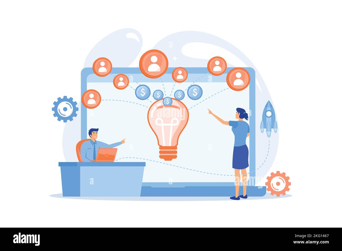 Businessman with new project at laptop and people funding it via ...