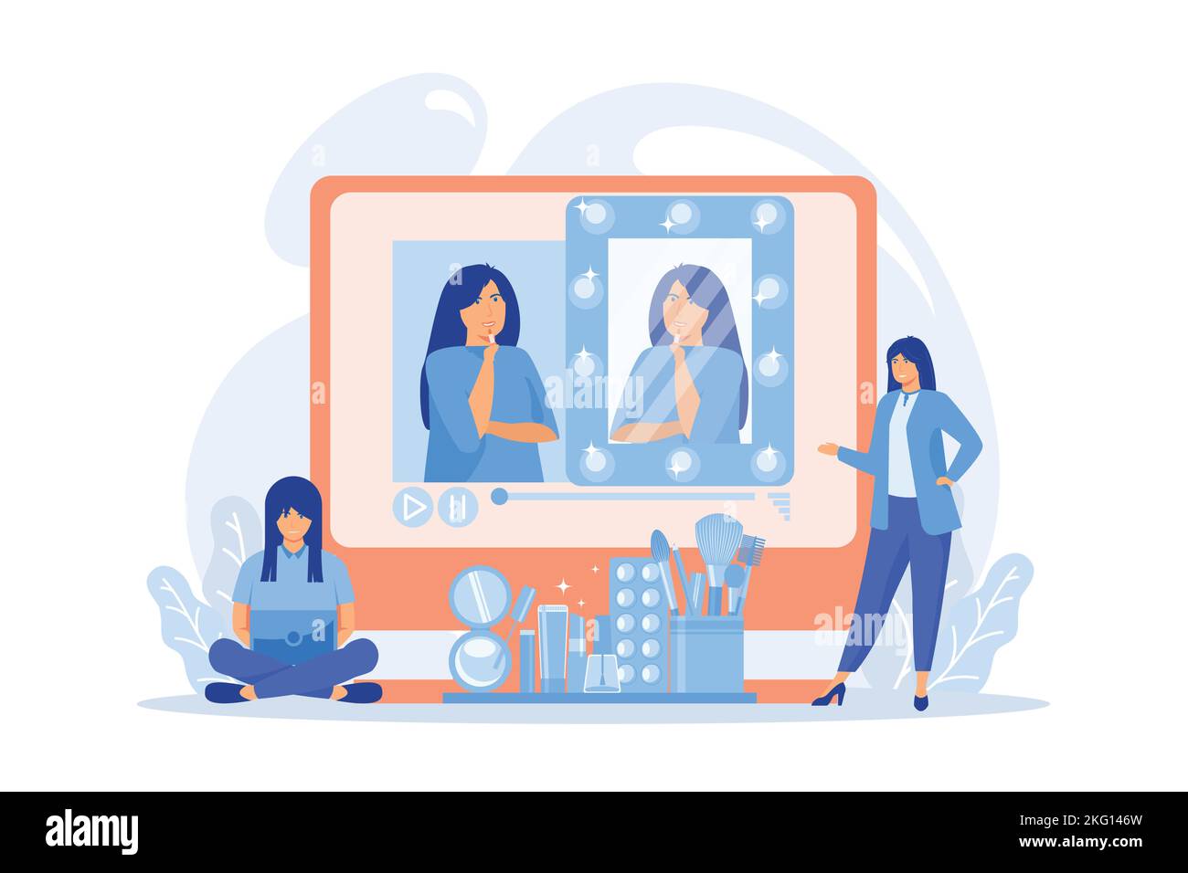 Female user watches beauty blogger showing latest trend makeup tutorial ...