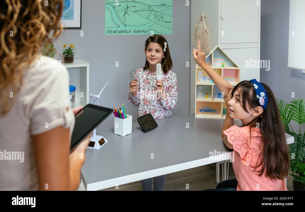 Student showing incandescent light bulb and led lamp and while her ...