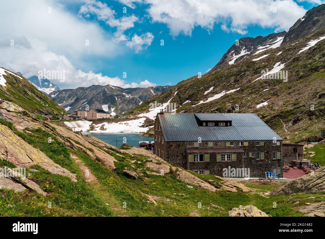 A building on snowy mountains on a clear day Stock Photo - Alamy