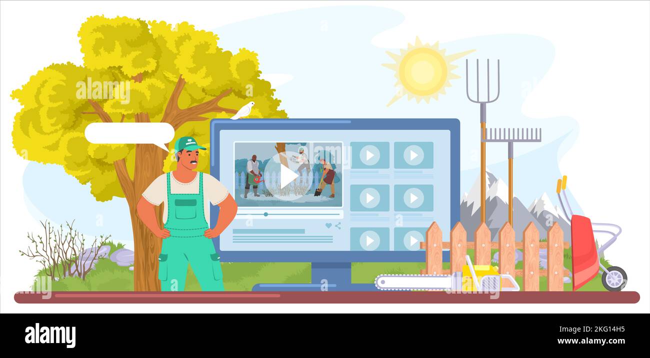 Video tutorial for gardener vector illustration. Man vlogger in uniform ...