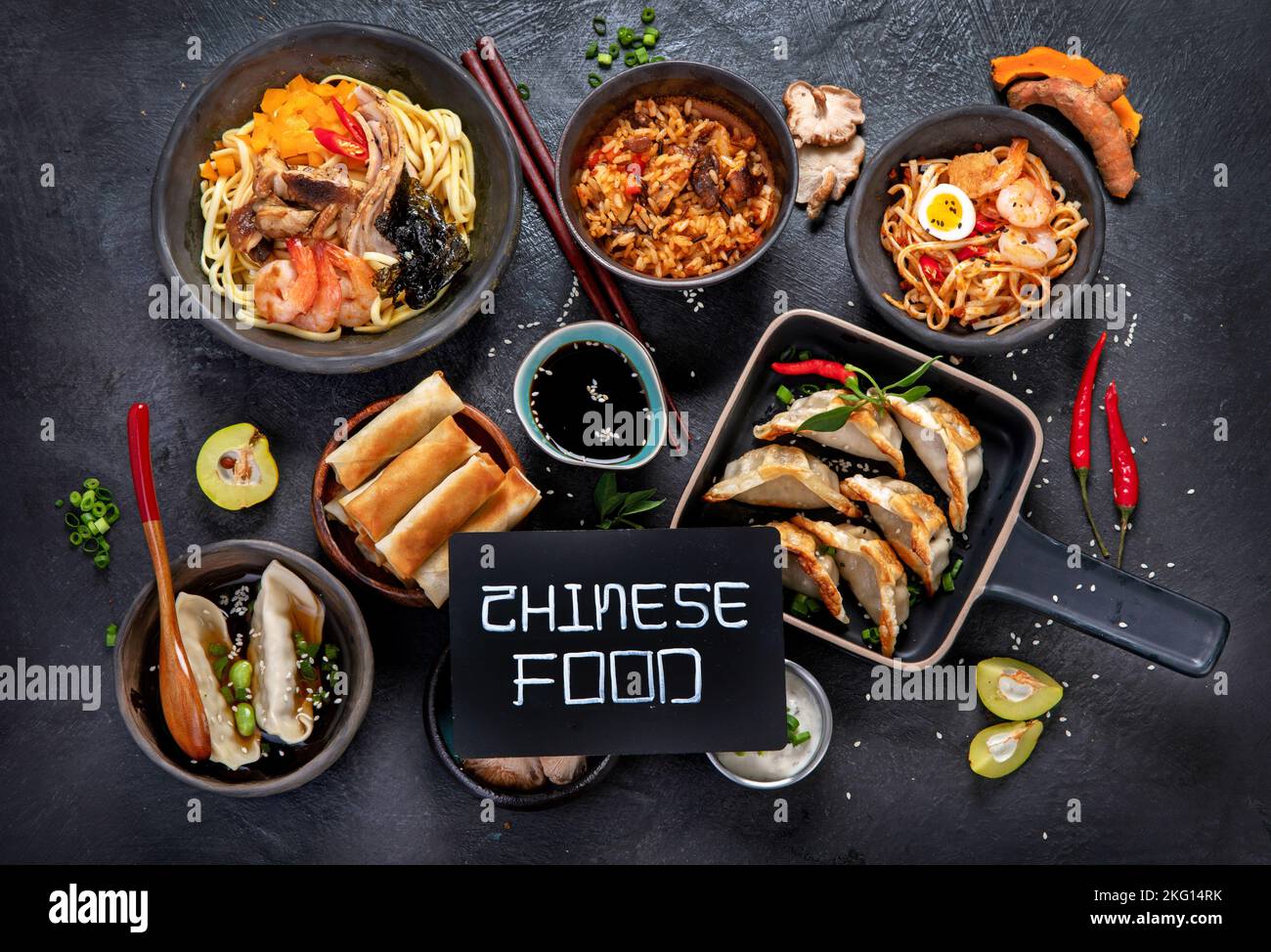 Traditional Chinese food. Various of asian meals on dark background ...