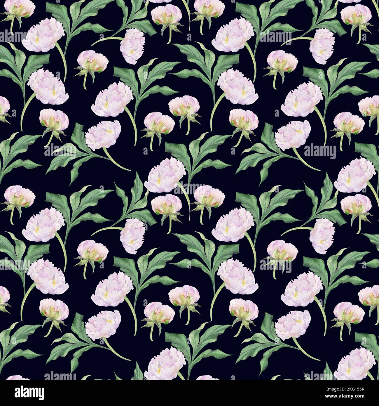 Watercolor seamless pattern with hand drawn delicate pink peony flowers ...