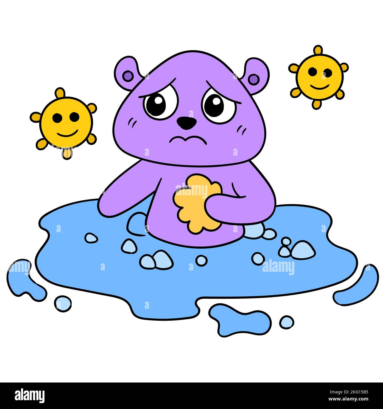 A bear cub doodle icon with sad face in water on white background Stock ...