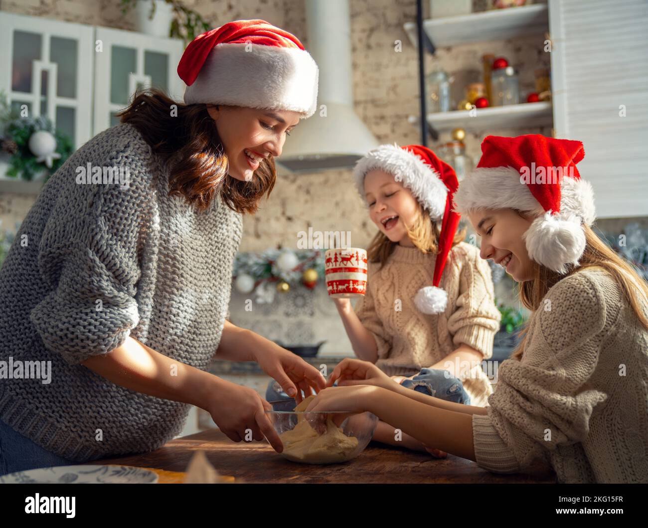 Merry Christmas and Happy Holidays. Family preparation holiday food ...