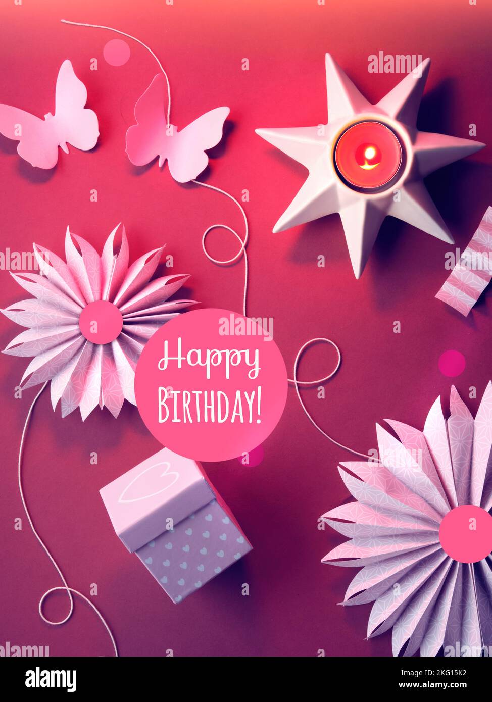 Happy Birthday tag. Paper fans, butterflies, flowers and candle. Flat ...