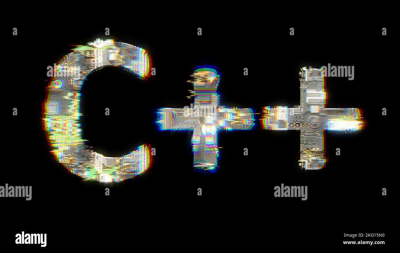 glitch and chromatic aberrations cybernetic text C++ on black, isolated ...