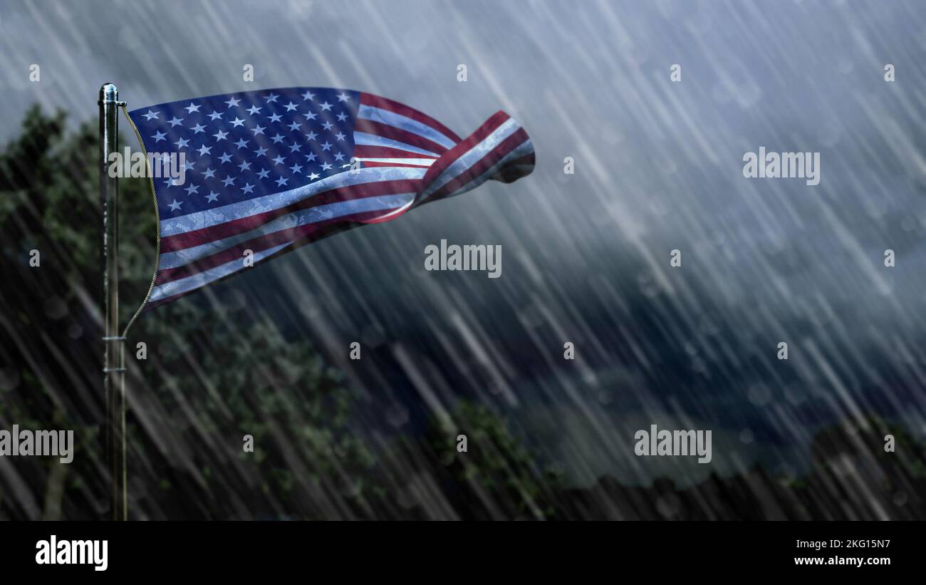 flag of USA with rain and dark clouds, storm and tornado symbol ...