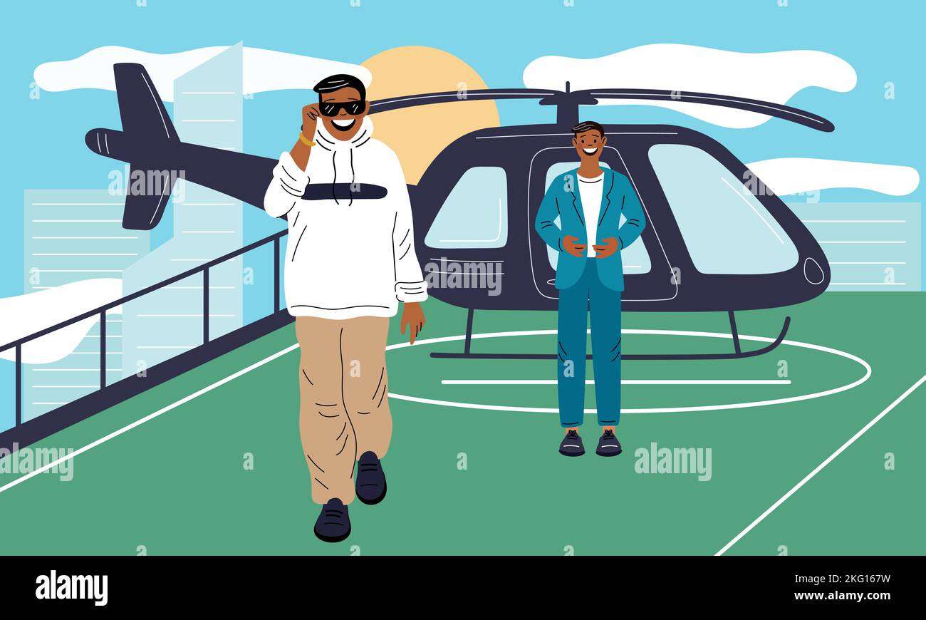 Rich people. Millionaire gets out of private helicopter. Security ...