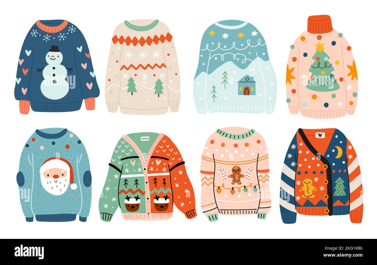 Ugly Christmas sweaters. Traditional warm holiday clothes. Knitted wear ...