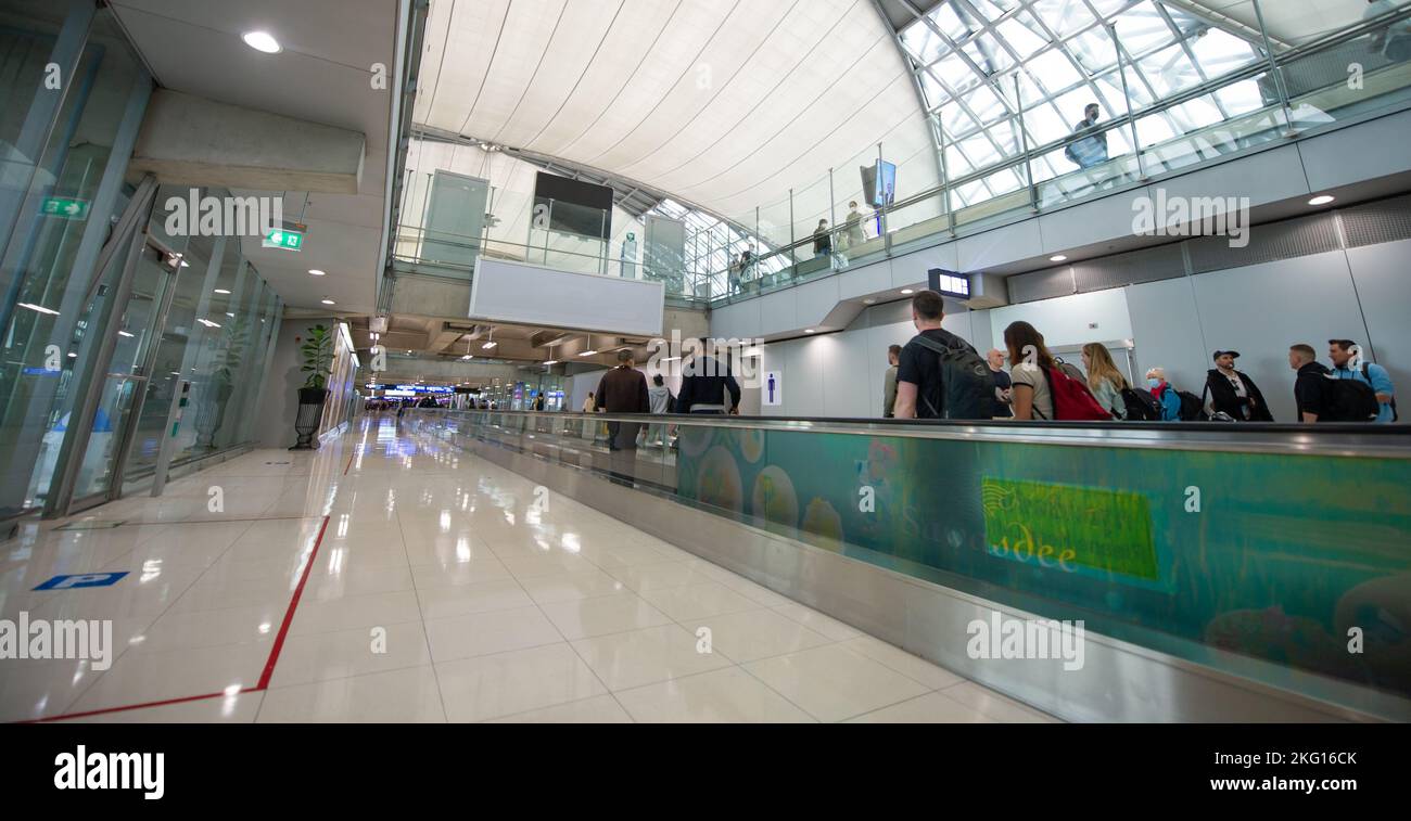 16 November 2022- Doha Qatar- Conveyor belt for tourists rushing from ...