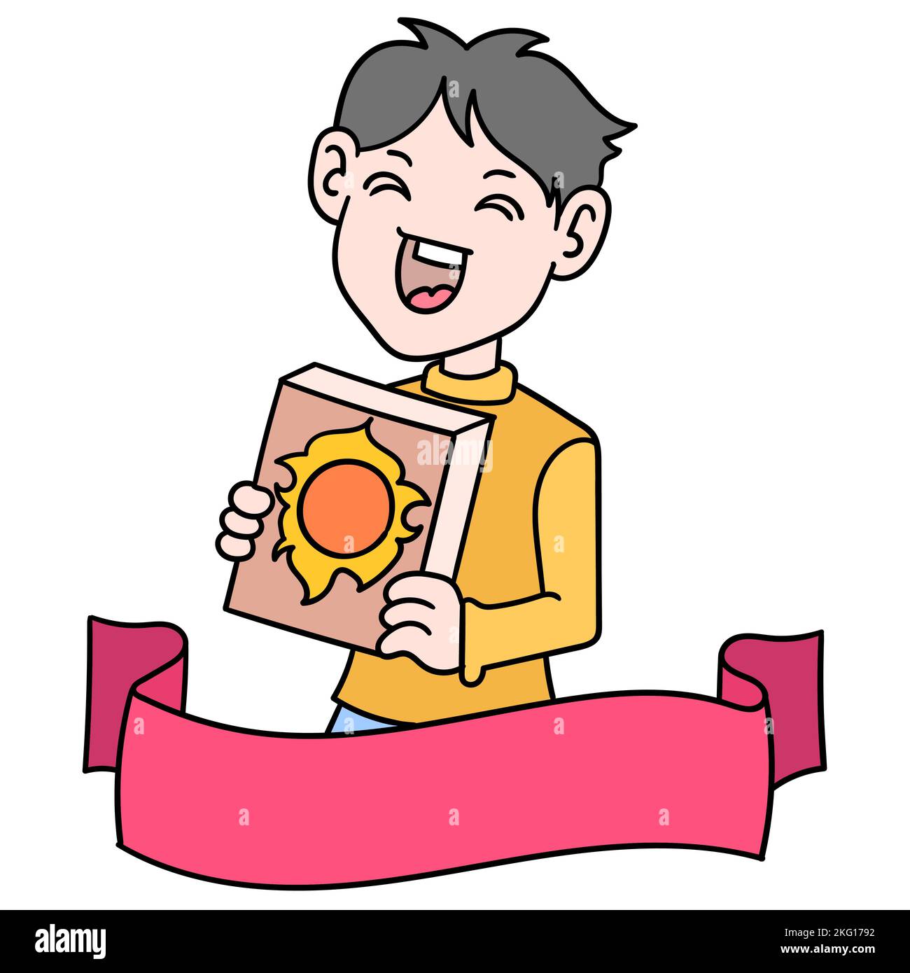 A young boy doodle icon carrying a holy book with a happy face and red ...