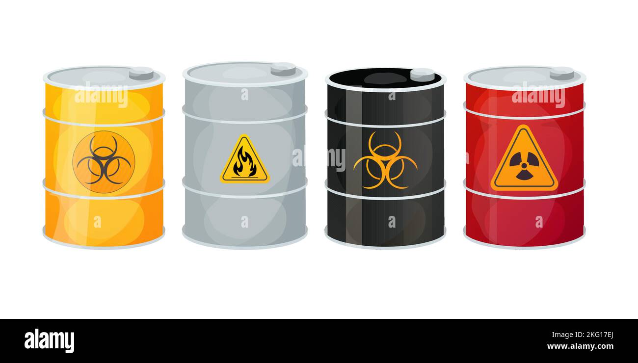Set Metal barrels with toxic, dangerous signs in cartoon style isolated ...