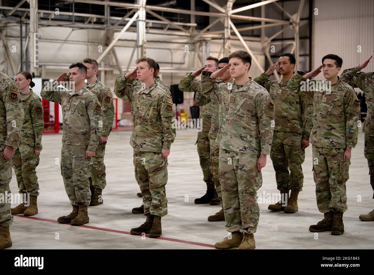 U.S. Air Force Airmen from the 492nd Fighter Generation Squadron present their first salute to ...