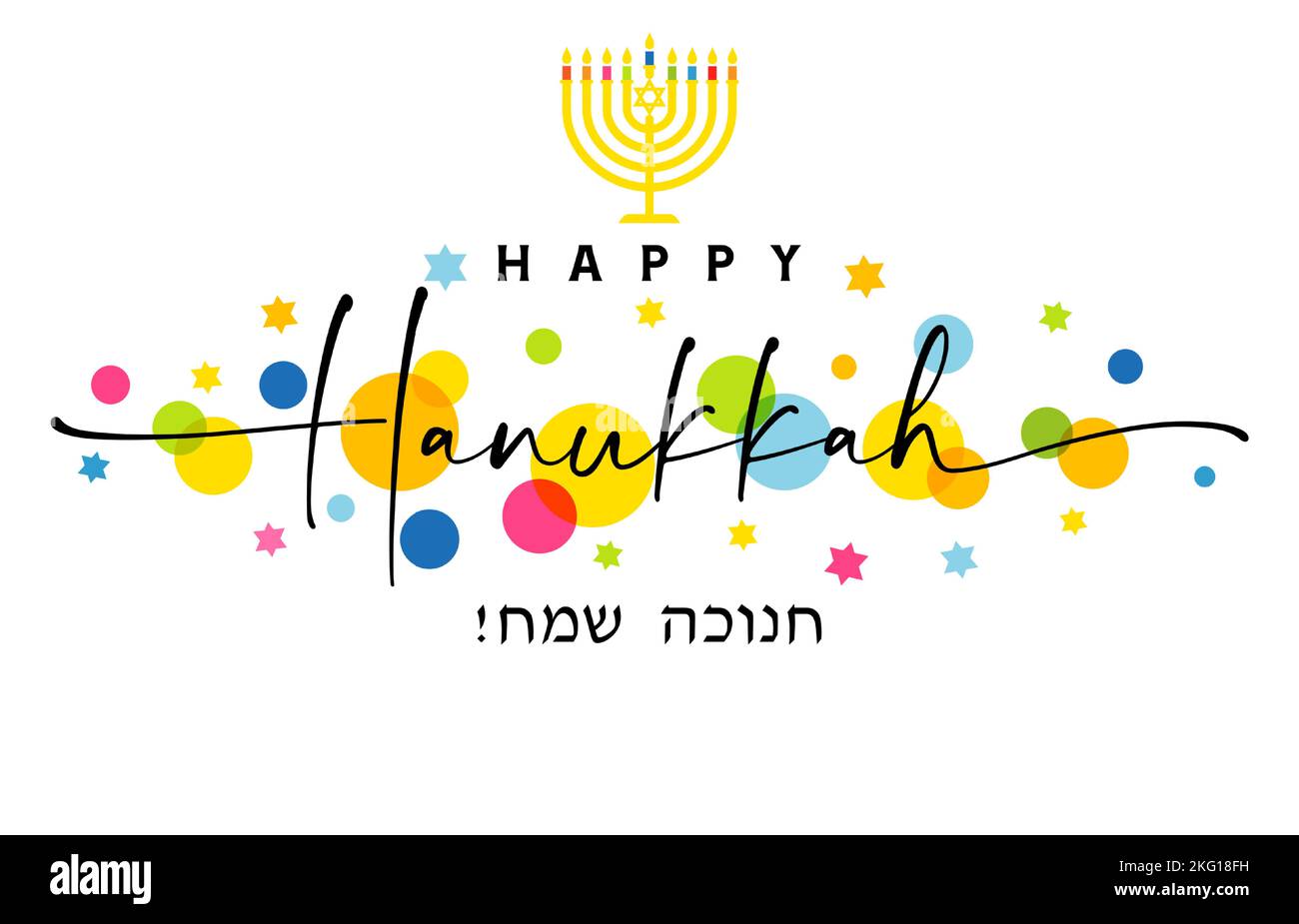 Happy Hanukkah elegant lettering, menorah and colored stars. Jewish ...