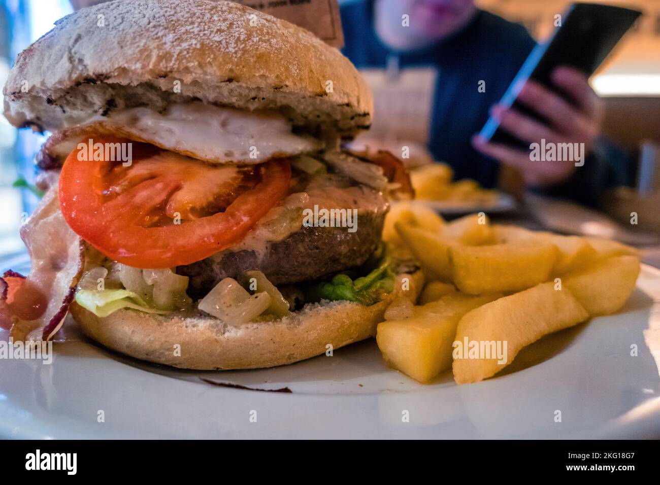 A closeup of a fresh, tasty burger with potato fries by the side in a ...