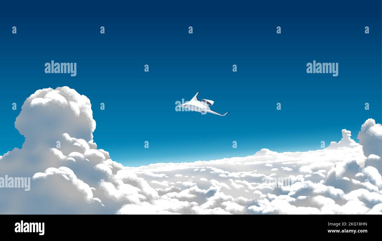 vector illustration of a futuristic airplane flying over a cloudscape ...