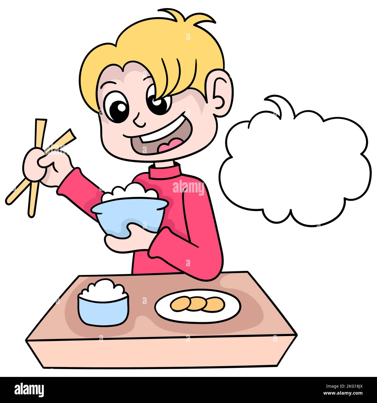 A man with a happy laughing face ready to eat delicious food, doodle ...