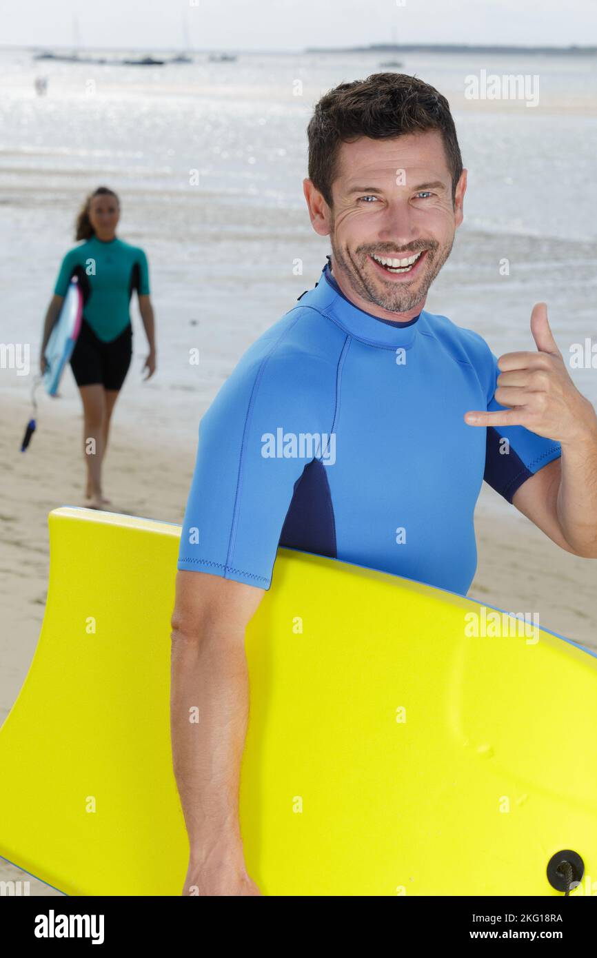 male body board doing hand gesture Stock Photo - Alamy