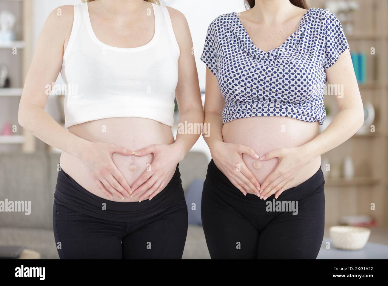 two pregnant girlfriends holding on to belly hands in heart-shaped ...
