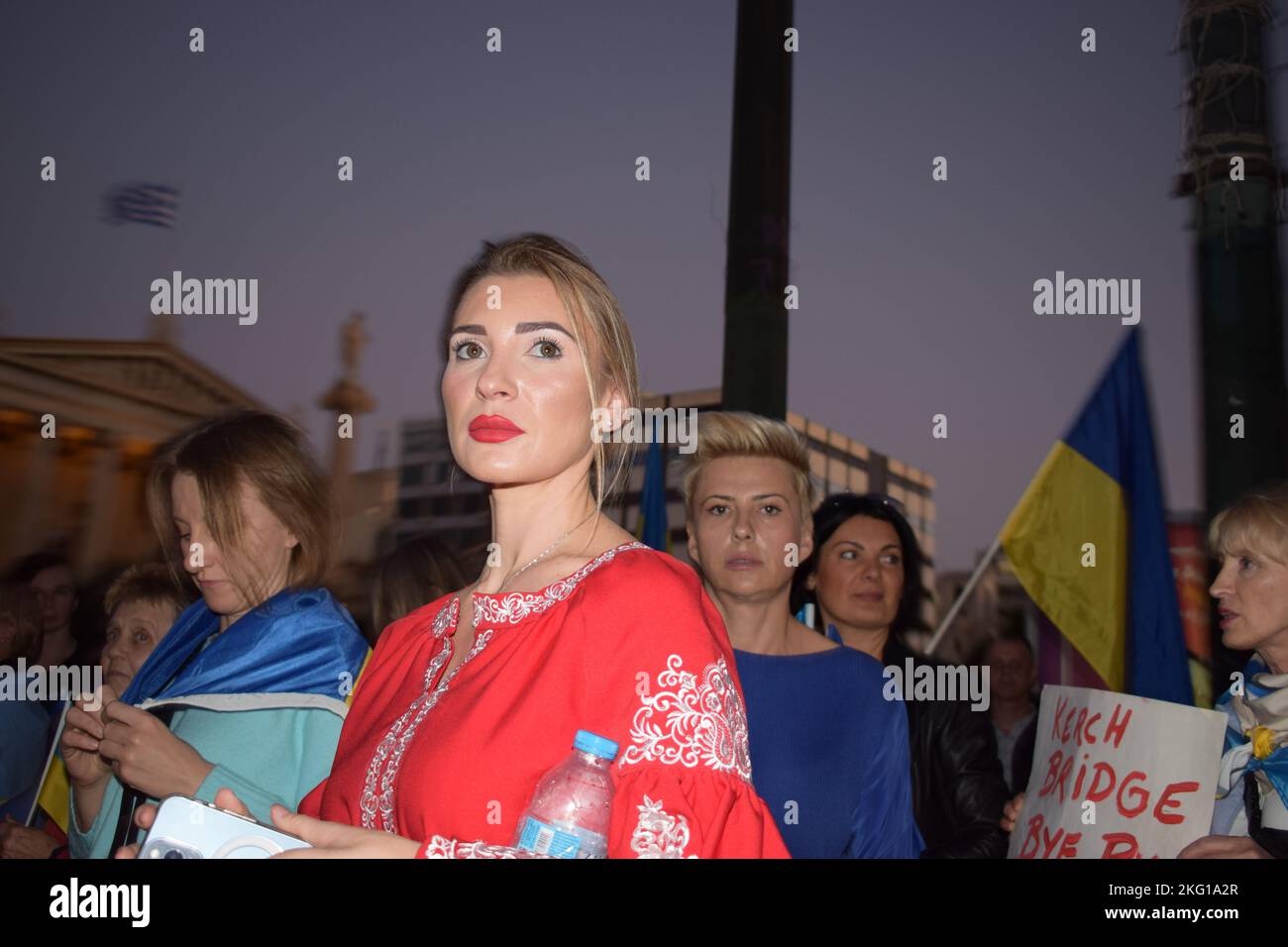 Athens, Greece. 19th Nov, 2022. Women protest holding flags of Ukraine ...