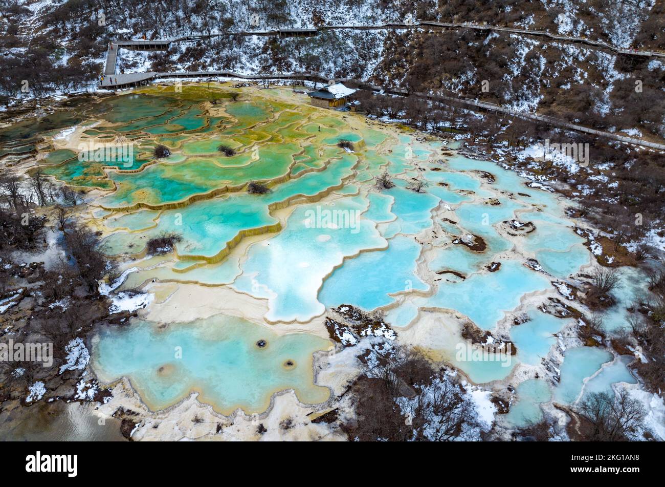 Aerial photos show the winter scenery of Huanglong Scenic and Historic ...