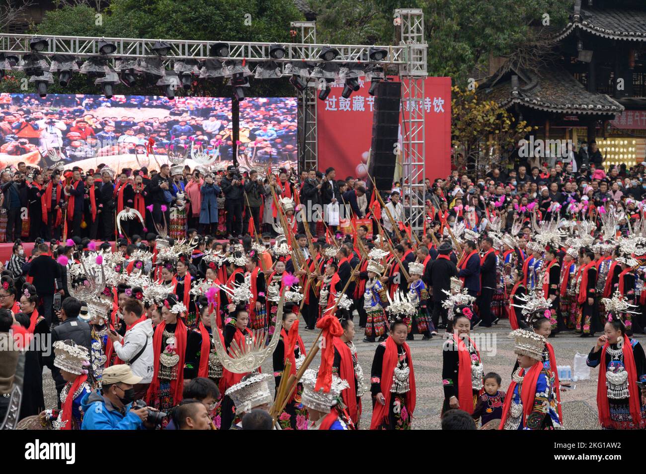 The Hmong girls in holiday attire are dancing the traditional Lusheng ...