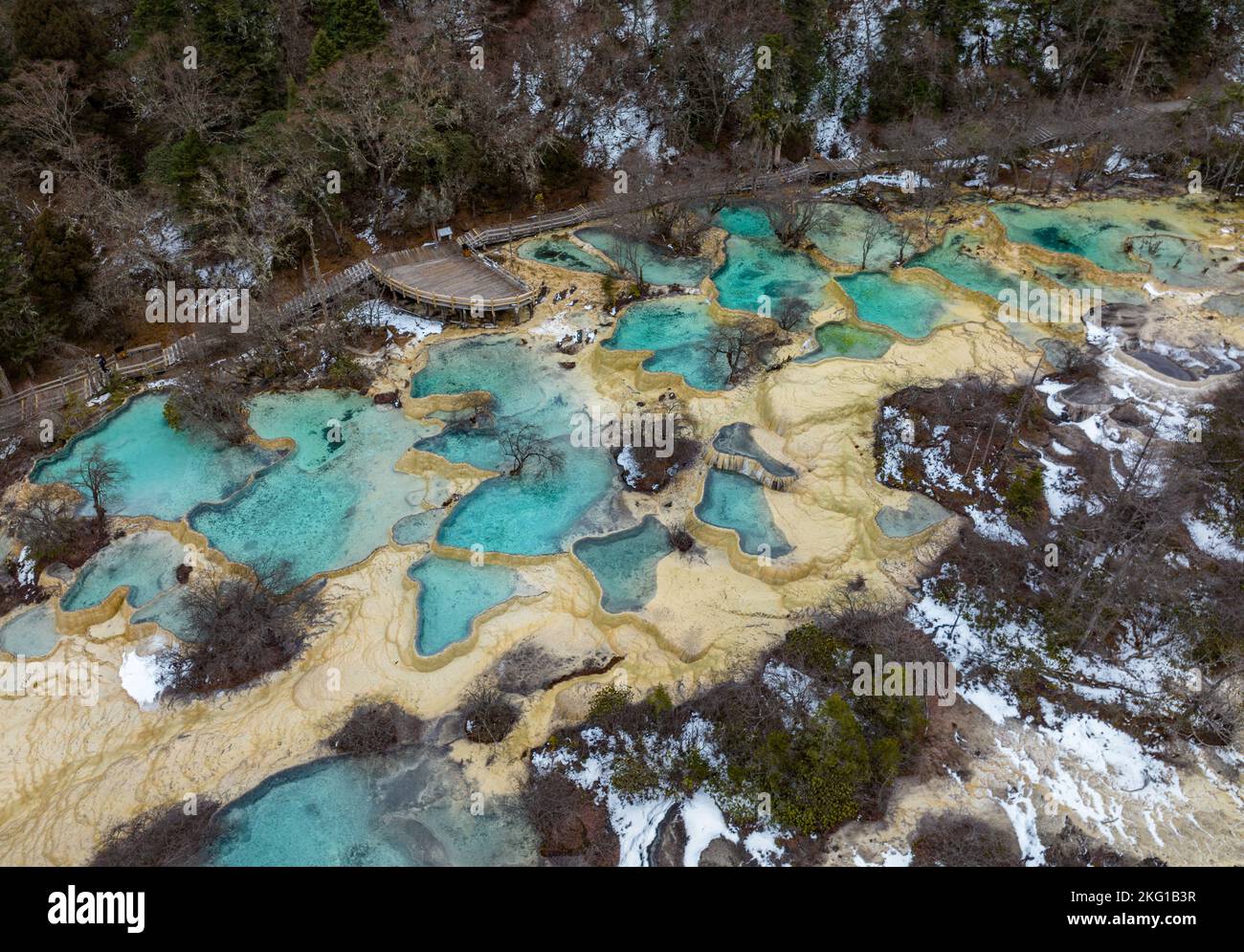 Aerial photos show the winter scenery of Huanglong Scenic and Historic ...