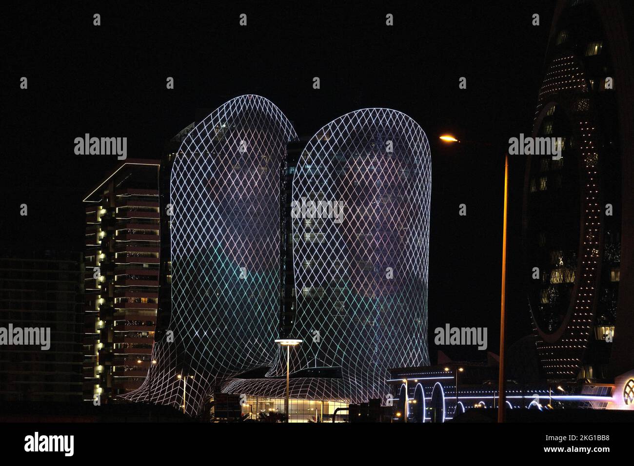 Doha, Qatar. 20th Nov, 2022. Photos of players and flags and slogans ...