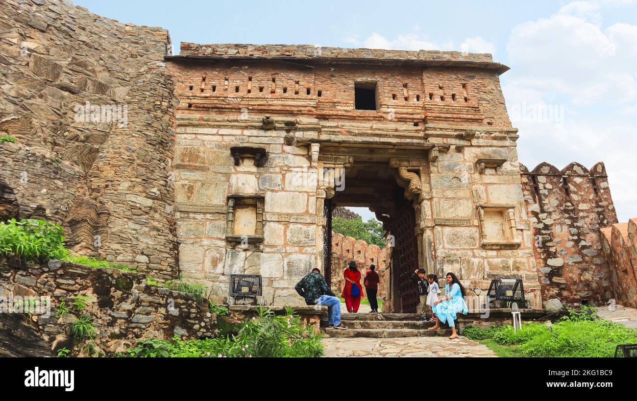 INDIA, RAJASTHAN, KUMBHALGARH FORT, July 2022, Tourist at Nimbu Pol or ...