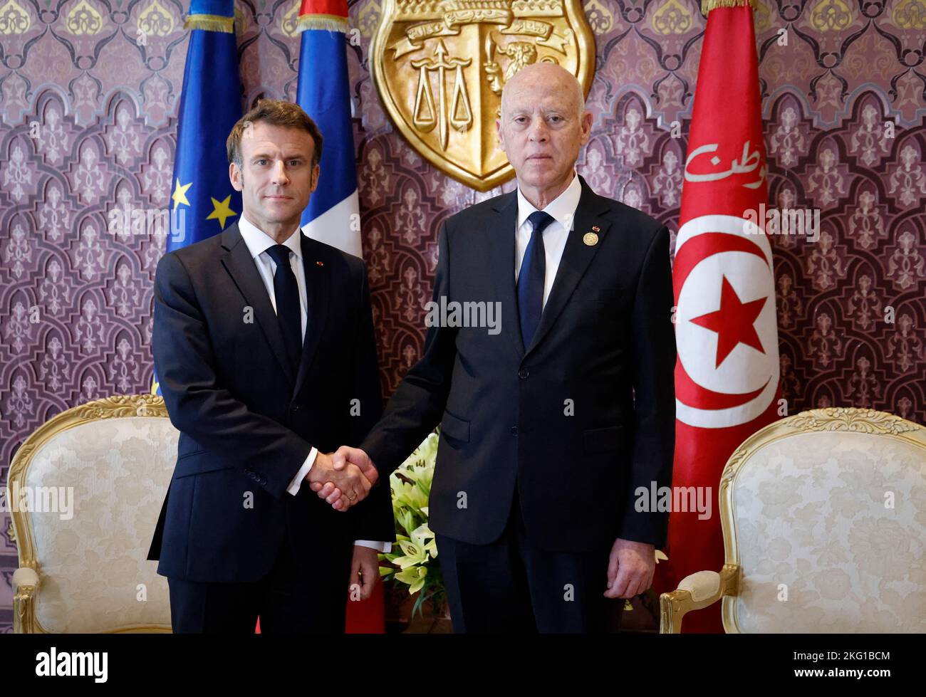 France's President Emmanuel Macron (L) and Tunisia's President Kais ...