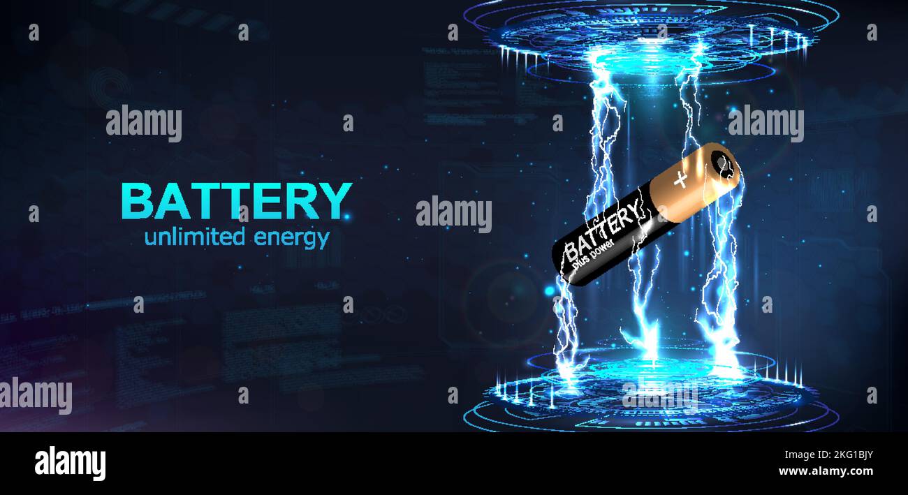 Futuristic banner 3d Li-Ion AA or AAA battery. Mockup banner with ...