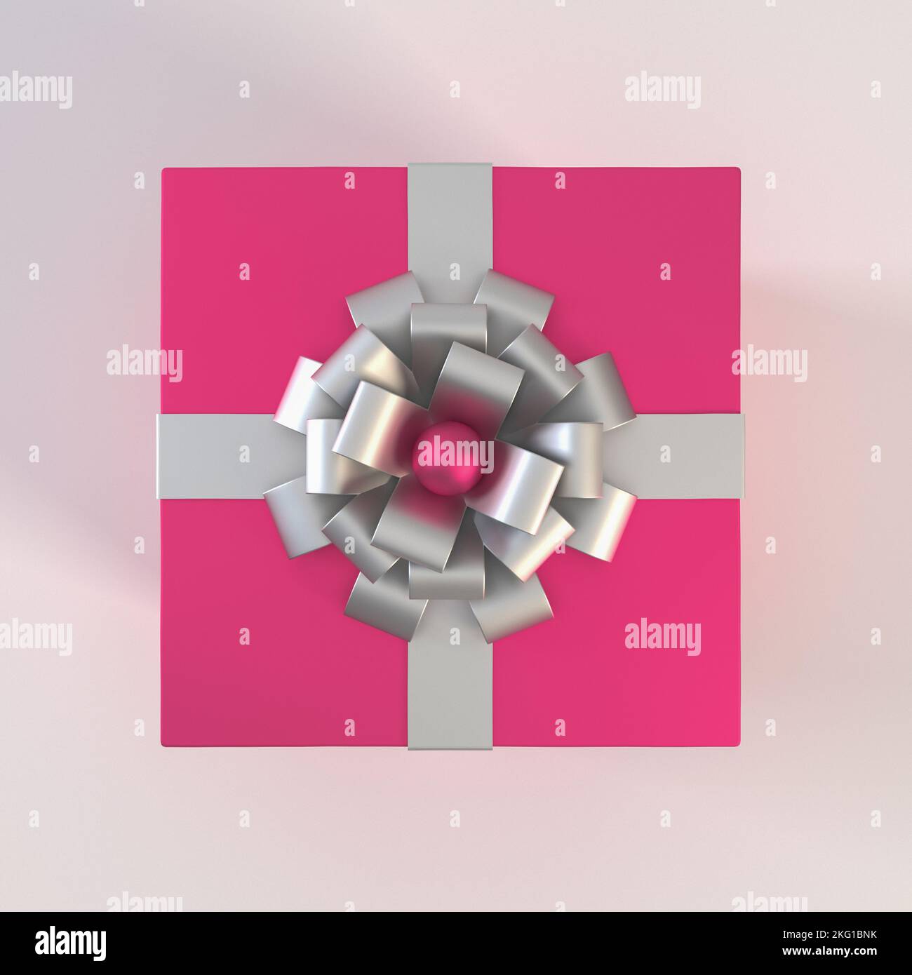 Top view of 3d pink gift box with silver ribbon and bow isolated on ...