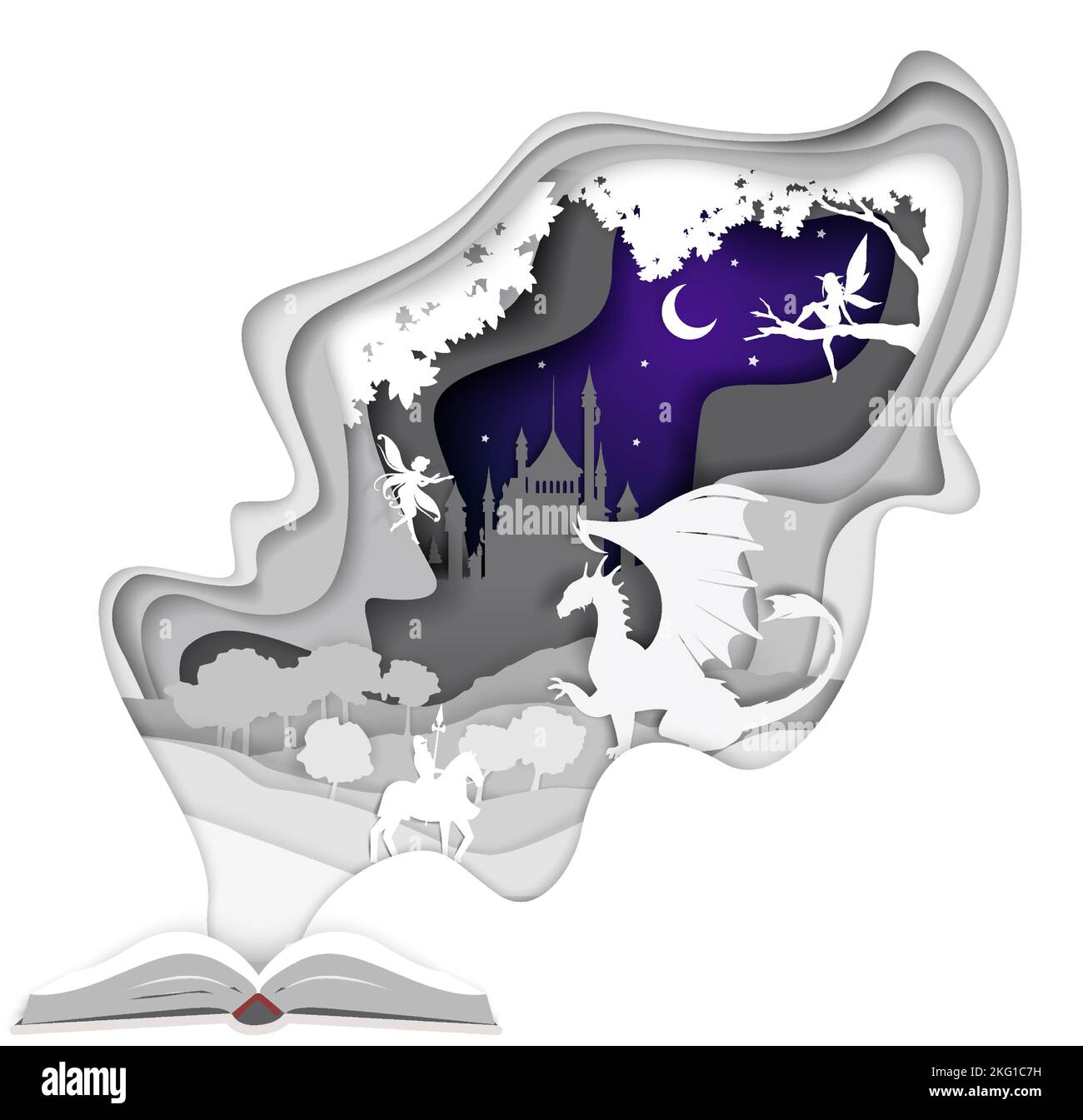 Open story book with cute magical fairy medieval knight and dragon ...