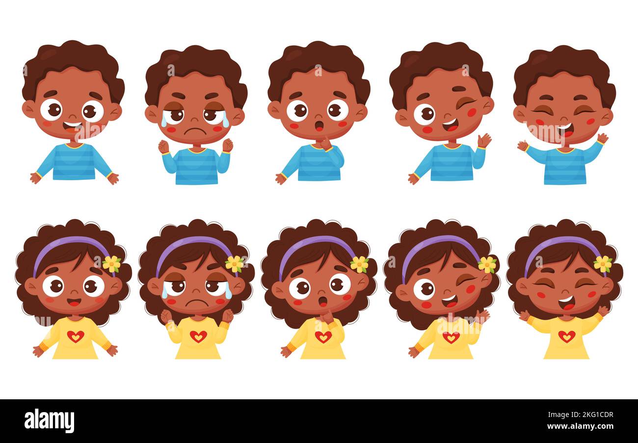 Set kids emotions. Avatars portrait dark-skinned cute boy and girl with different facial ...