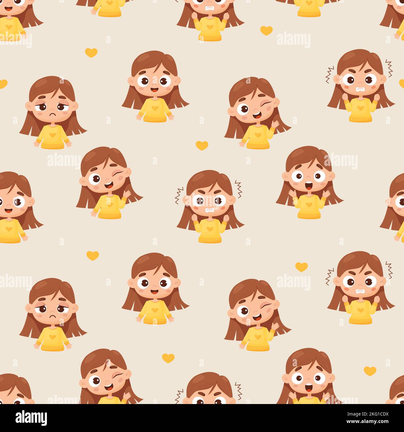 Seamless pattern with cute fair-skinned girl in cartoon style with ...