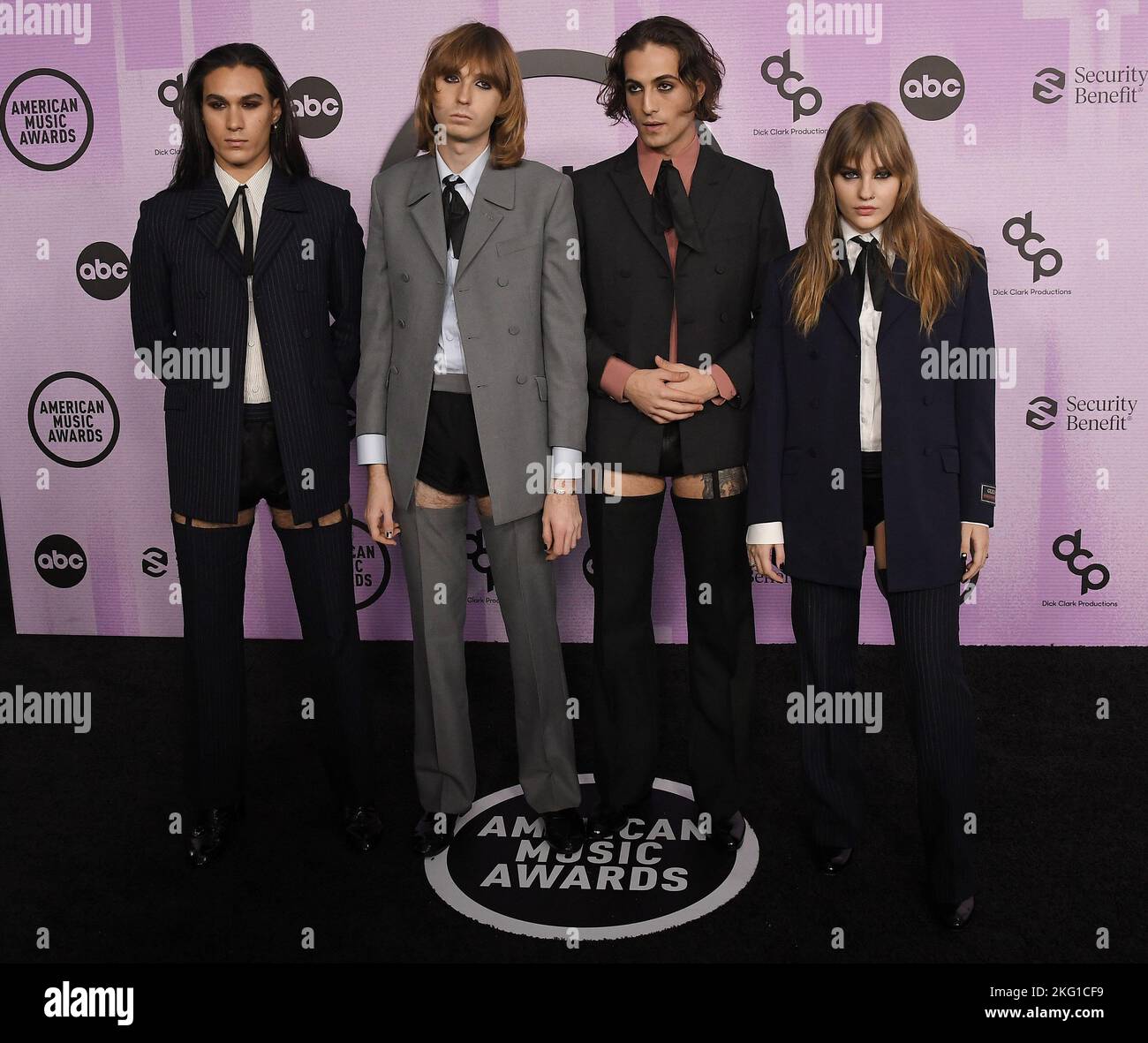 (L-R) Måneskin - Ethan Torchio, Thomas Raggi, Damiano David and Victoria De Angelis arrives at ...