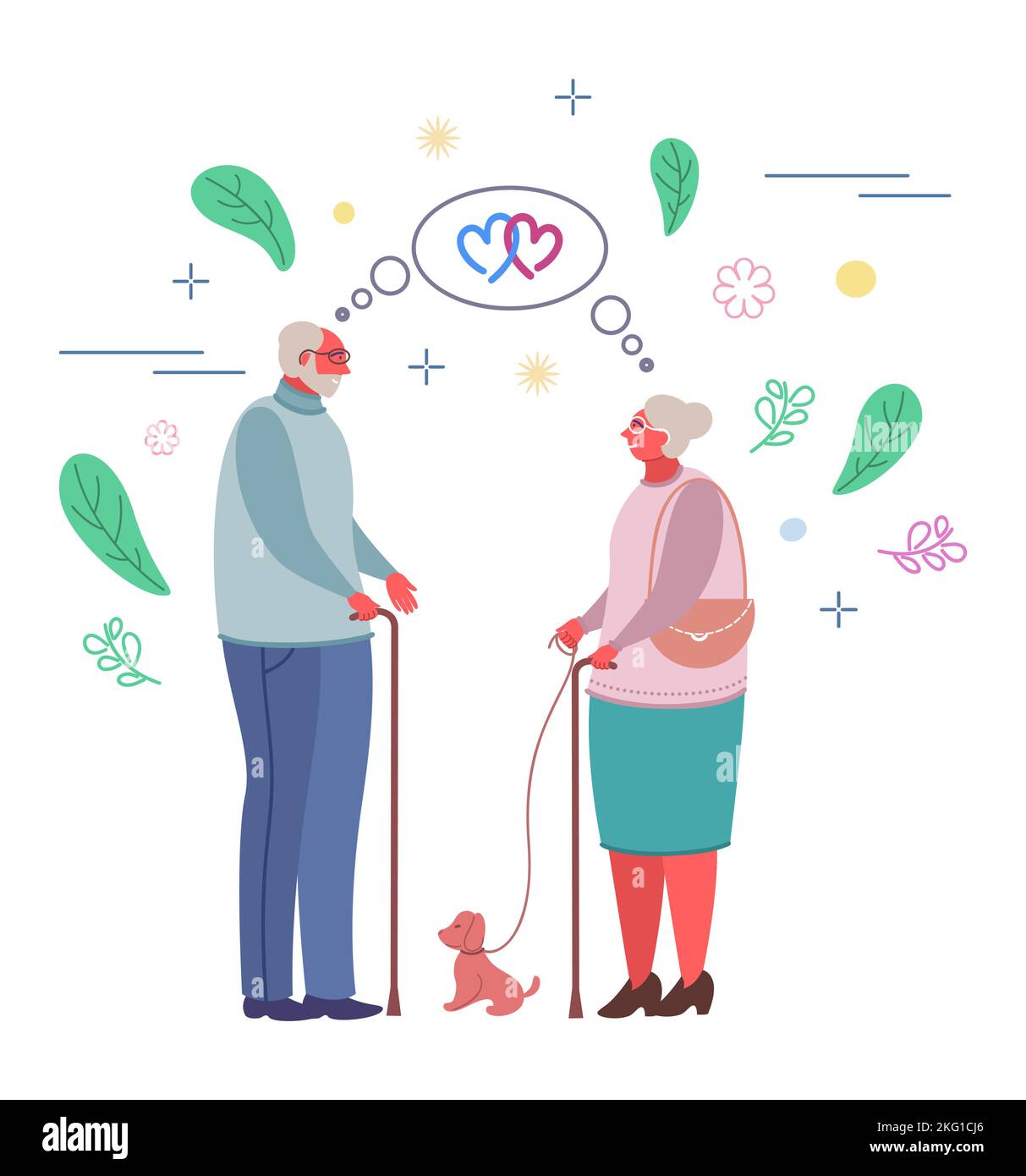 Romantic elderly couple vector flat illustration. Happy senior man and ...