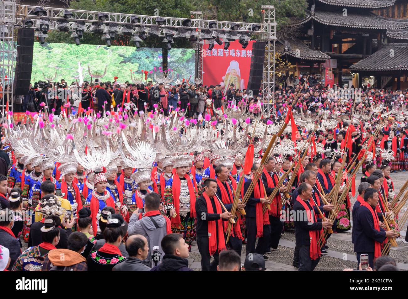 The Hmong girls in holiday attire are dancing the traditional Lusheng ...