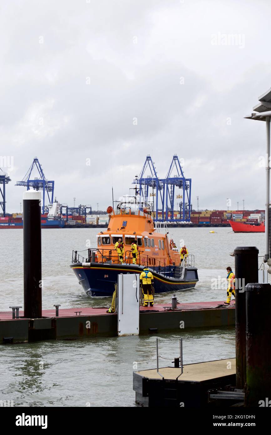 RNLI Lifeboat 17-45 returning to the RNLI station Harwich in Essex ...