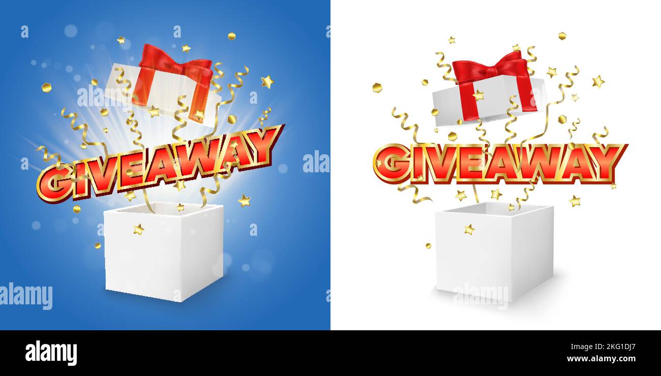 White open gift box with Giveaway word, gold serpentine and confetti ...