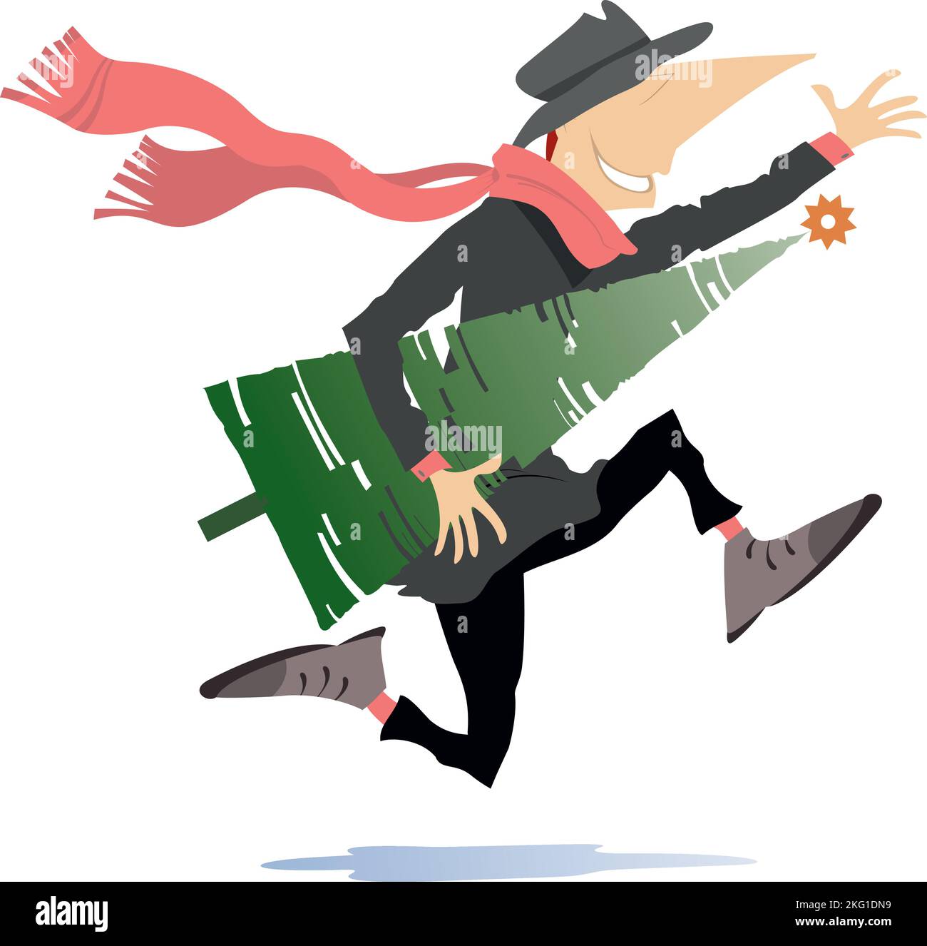 Christmas, New Year day. Funny running man in the hat and big scarf ...