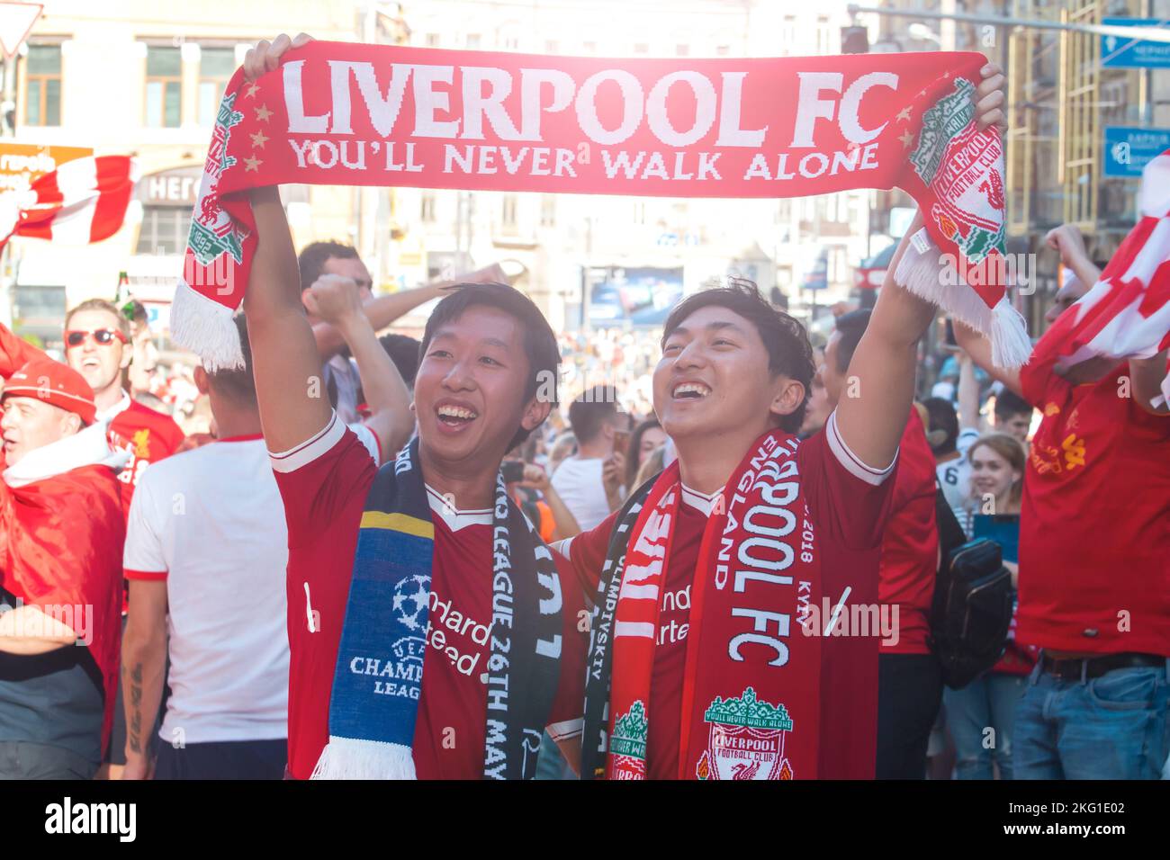 japanese football fans holding a flag together, Final of the Champions ...