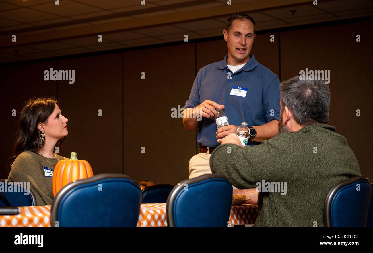 Col. Lucas Teel, 4th Fighter Wing commander, speaks with members of ...