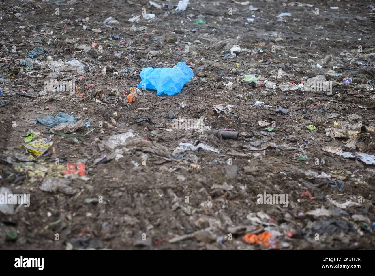 Garbage dump at waste processing site. Environment pollution concept ...
